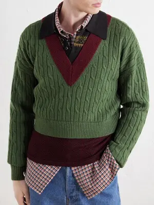 Dries Van Noten Jacquard-trimmed Cable-knit Wool And Cotton-blend Sweater - Green