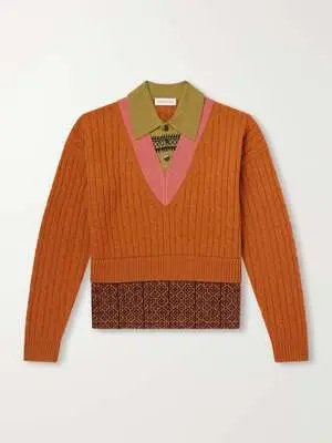 Dries Van Noten Jacquard-trimmed Cable-knit Wool And Cotton-blend Sweater - Orange