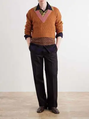 Dries Van Noten Jacquard-trimmed Cable-knit Wool And Cotton-blend Sweater
