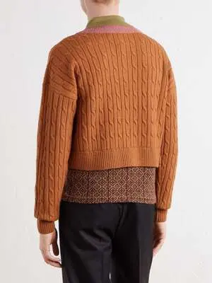 Dries Van Noten Jacquard-trimmed Cable-knit Wool And Cotton-blend Sweater