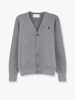 AMI Paris Wool Cardigan With Iconic Embroidery - Grey