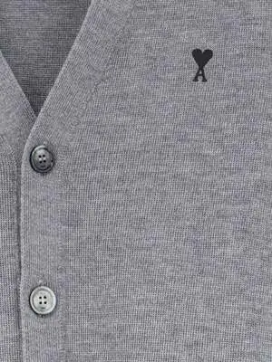 AMI Paris V-neck Wool Cardigan With Embroidered Logo - Grey