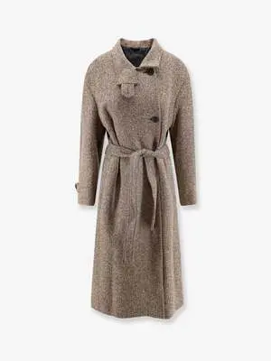 Brunello Cucinelli Herringbone Coat With Monili Detail - Beige