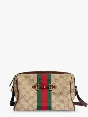 Gucci Camera Bag Gg Fabric Crossbody Bag With Metal Horsebit - Beige