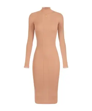 Elisabetta Franchi Ribbed Mock Neck Midi Dress With Mesh Inserts - Leather