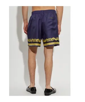 Versace Elasticated Waist Shorts With Baroque Print Piping - Navy