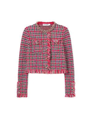 SELF-PORTRAIT Check Frayed Knit Jacket - Multicolor