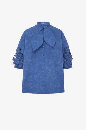 LEO LIN Brooklyn Appliqué Vegan Suede Bow Puff Sleeve Top