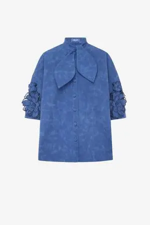 LEO LIN Brooklyn Appliqué Vegan Suede Puff Sleeve Top - Azure