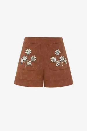 LEO LIN Tessa Embellished Vegan Suede Shorts - Chestnut