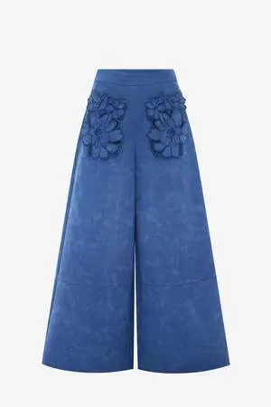 LEO LIN Christine Appliqué Vegan Suede Wide Leg Pants - Azure