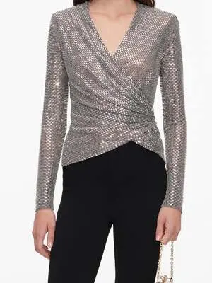 SELF-PORTRAIT Rhinestone Mesh Wrap Top