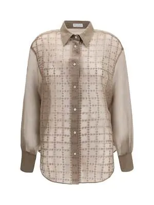 Brunello Cucinelli Sheer Sequined Checked Shirt