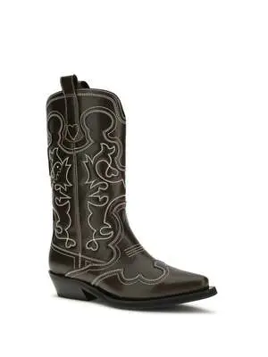 GANNI Faux-leather Texan Boots With Contrast Embroidery - Brown