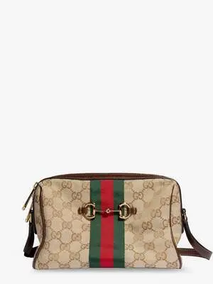 Gucci Camera Bag Gg Fabric Crossbody Bag With Metal Horsebit - Cream