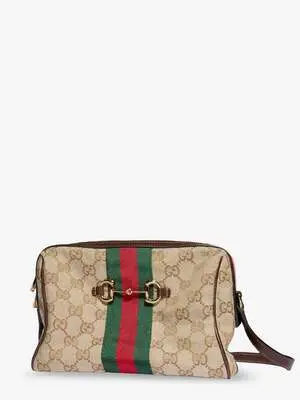 Gucci Camera Bag Gg Fabric Crossbody Bag With Metal Horsebit - Cream