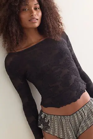 Free People Intimately Night Shift Lace Long Sleeve Top - Black