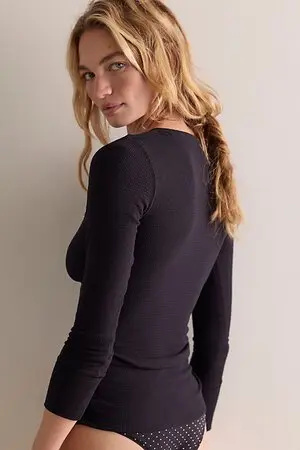 Free People Intimately Ribbed Thermal Henley Top - Black