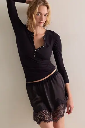 Free People Intimately Ribbed Thermal Henley Top - Black