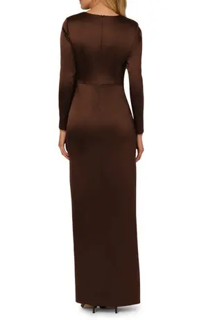 Adrianna Papell Side Bow Long Sleeve Stretch Satin Gown