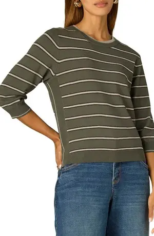 Wit & Wisdom Stripe Three Quarter Sleeve Crewneck Sweater - Dark Forest/grey Multi