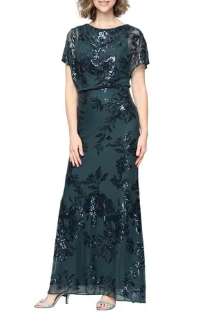 SL FASHIONS Sequin Floral Gown - Green