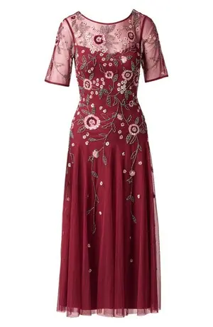 Adrianna Papell Beaded Flutter Sleeve Mesh Cocktail Dress