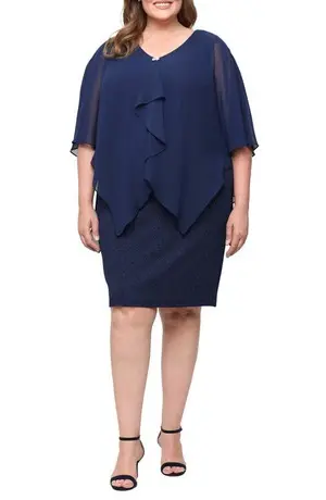 SL FASHIONS Glitter Chiffon Sheath Dress - Navy