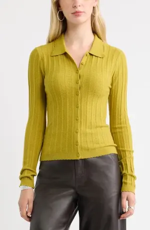 Treasure & Bond Ribbed Pointelle Cardigan Olive Pea