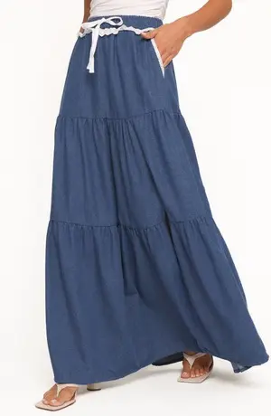 PETAL & PUP Scout Tiered Maxi Skirt - Medium Wash