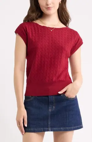 Bp. Cable Stitch Boat Neck Sweater T-shirt - Red Cinder