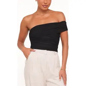 PETAL & PUP Zachary Off The Shoulder Mesh Crop Top - Black