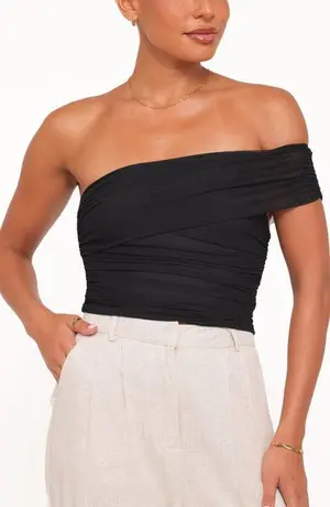 PETAL & PUP Zachary Off The Shoulder Mesh Crop Top