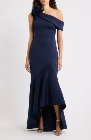 Eliza J Ruffle One-shoulder Gown - Navy