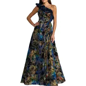 Mac Duggal Floral One Shoulder Burnout Velvet Gown - Black Multi