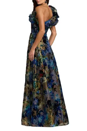 Mac Duggal Floral One Shoulder Burnout Velvet Gown