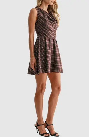 ALL IN FAVOR Plaid Cowl Neck Minidress
