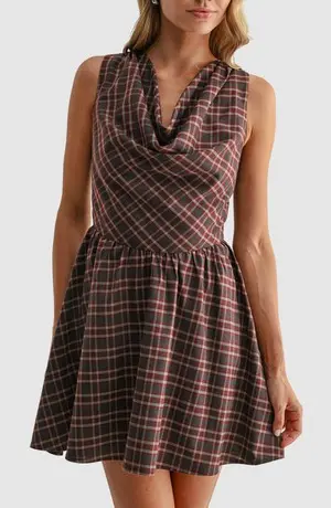 ALL IN FAVOR Plaid Cowl Neck Minidress