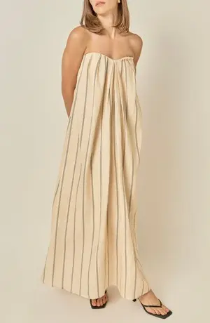English Factory Strapless Pintuck Striped Maxi Dress - Beige/black
