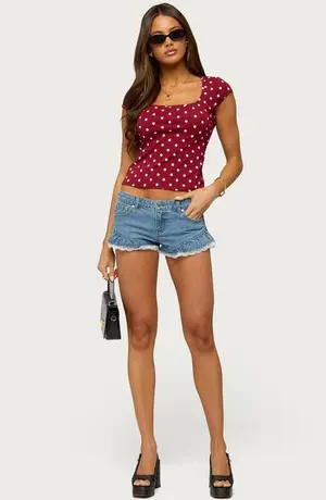 EDIKTED Roy Ruffle Lace Denim Micro Shorts