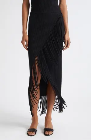 TOCCIN Giana Fringe Asymmetrical Midi Skirt - Jet