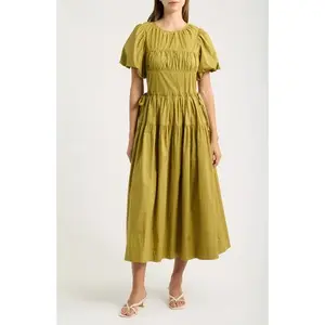 Moon River Smocked Puff Sleeve Midi Dress - Citron