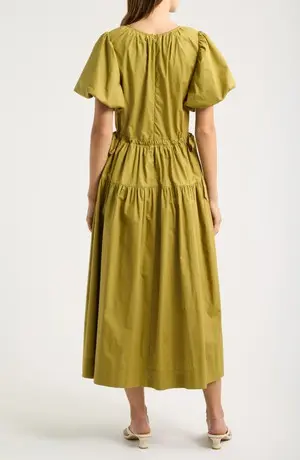 Moon River Smocked Puff Sleeve Midi Dress