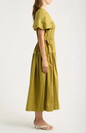 Moon River Smocked Puff Sleeve Midi Dress