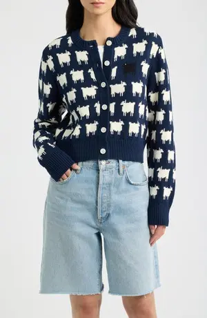 ROWING BLAZERS Cropped Sheep Cotton Cardigan Navy