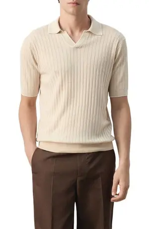 Mango Regular Fit Linen Blend Rib Polo Beige