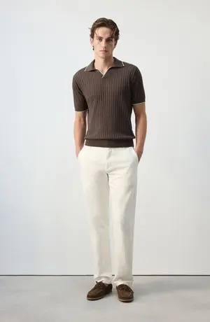 Mango Regular Fit Linen Blend Rib Polo - Brown