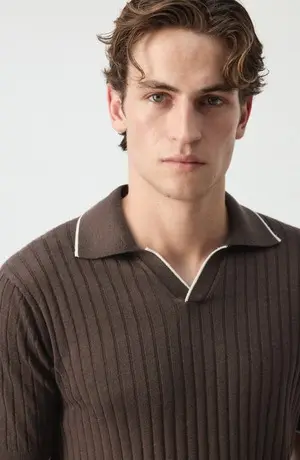 Mango Regular Fit Linen Blend Rib Polo - Brown