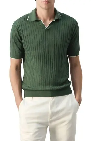 Mango Regular Fit Linen Blend Rib Polo - Forest Green