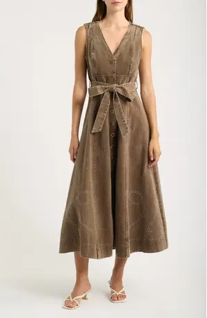 Moon River Western Sleeveless Midi Dress - Brown